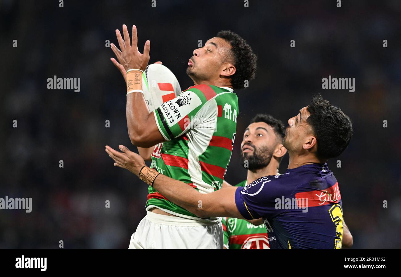 Isaiah Tass (left) of the Rabbitohs contests for the ball against ...