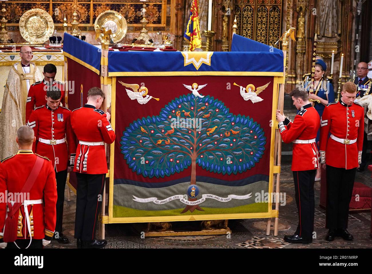 An anointing screen is erected for King Charles III during his ...