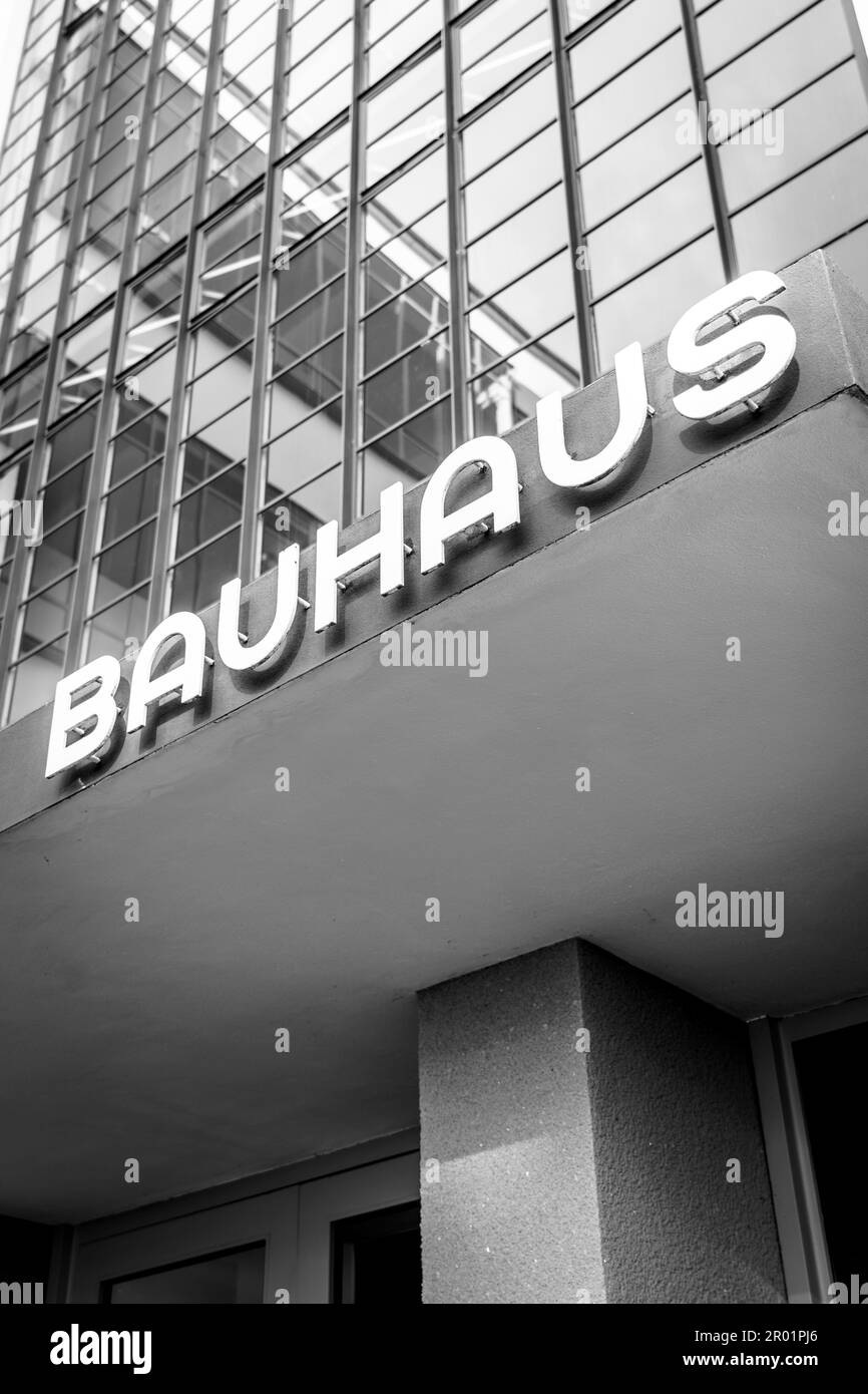 main entrance and sign, bauhaus school, Main building, Dessau, Federal ...