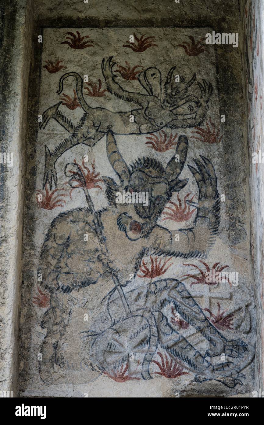 wall paintings of hell and the devil, Romanesque church, Mont village ...