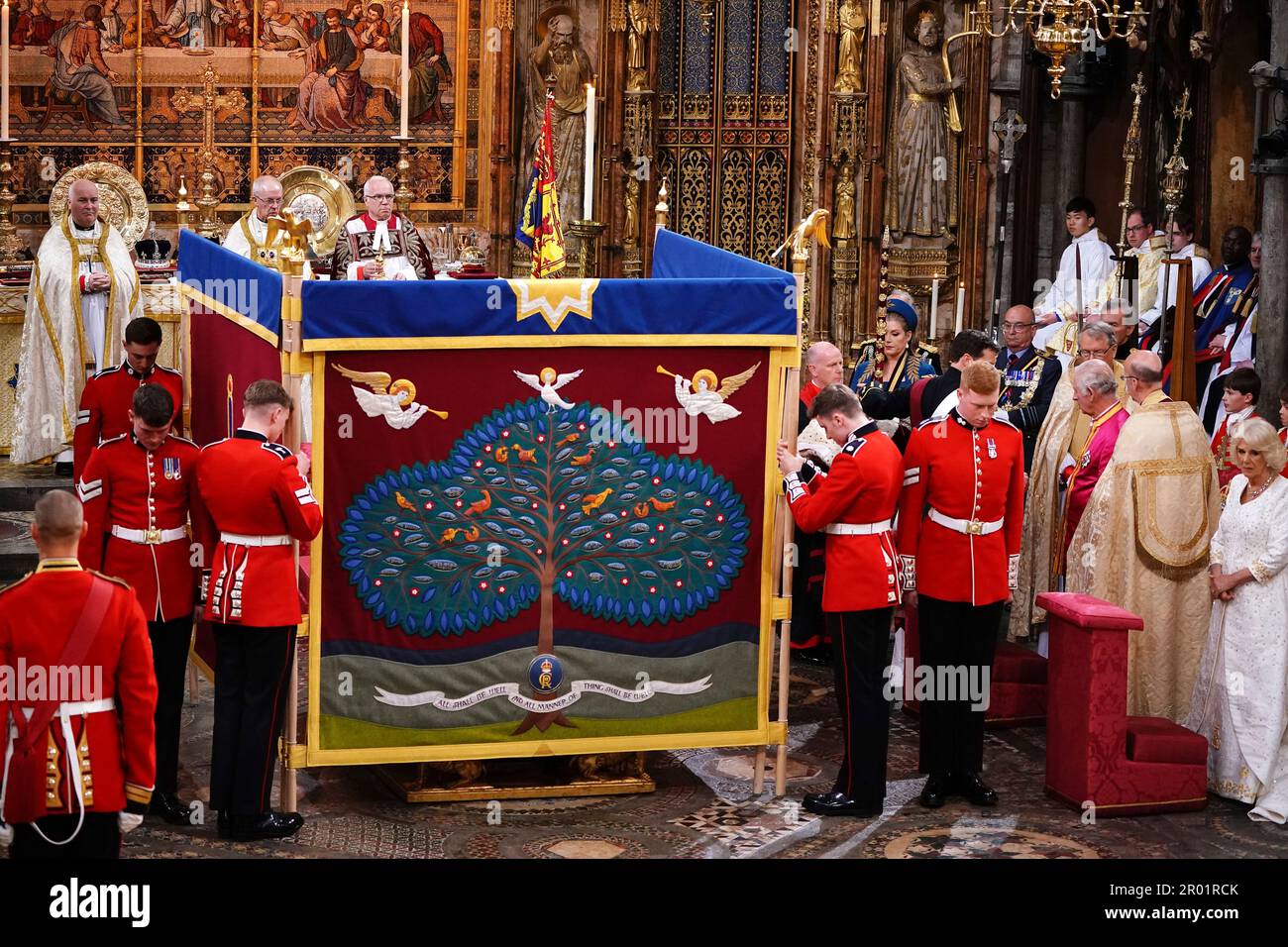 An anointing screen is erected for Britain's King Charles III during ...