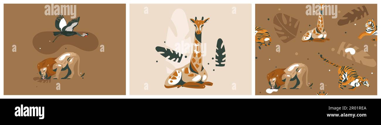 Hand drawn vector abstract graphic modern safari savanna animals print ...
