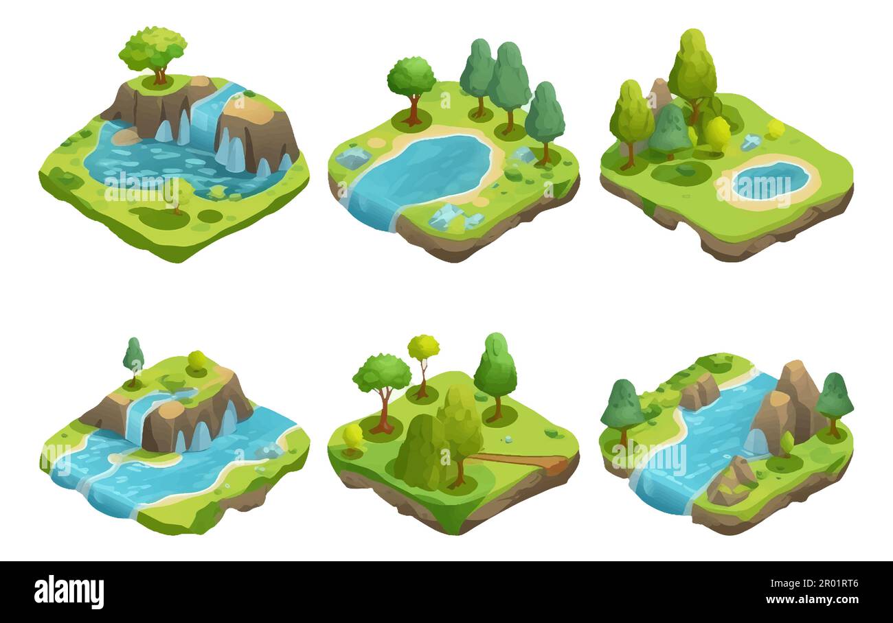 ui set vector illustration of isometric flying waterfall island ...