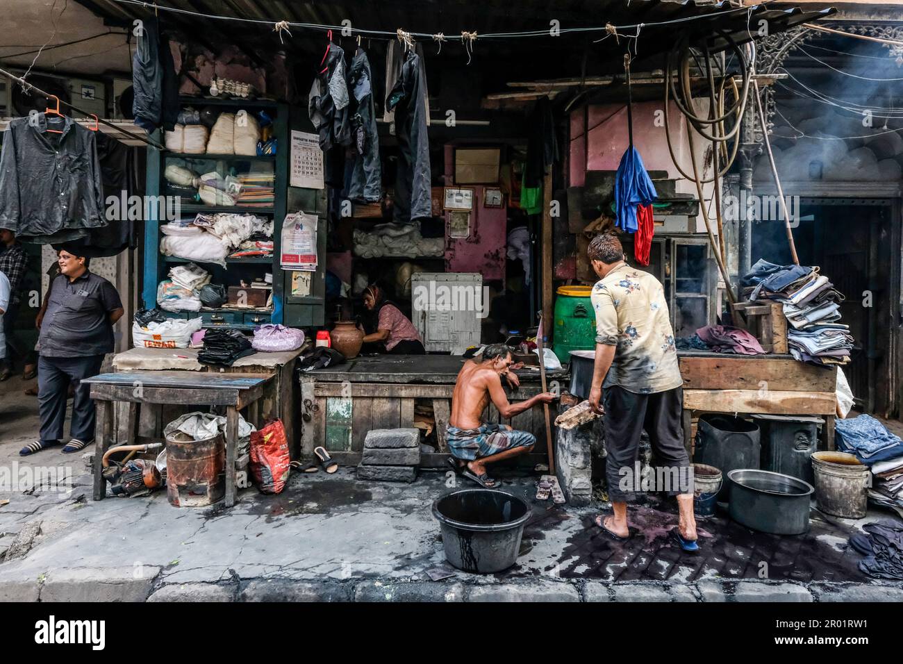 View of a cloth dyeing shop at the market in Zakaria street in Kolkata ...