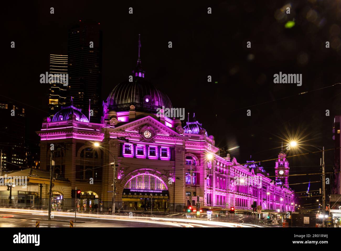 Flinders Street Station is lit in royal pink during the Coronation of King Charles III and ...
