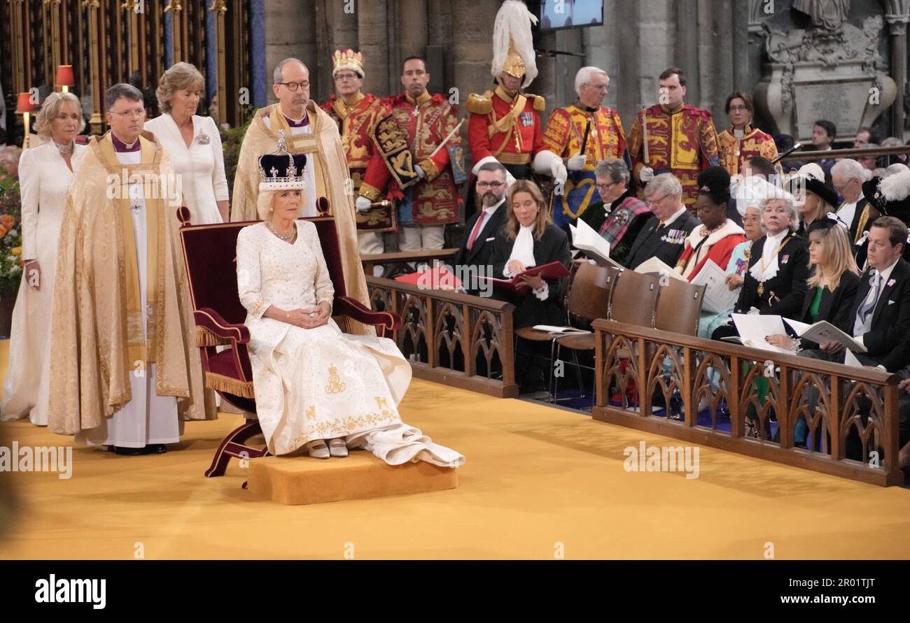 Queen Camilla is crowned with Queen Mary's Crown during her coronation ...