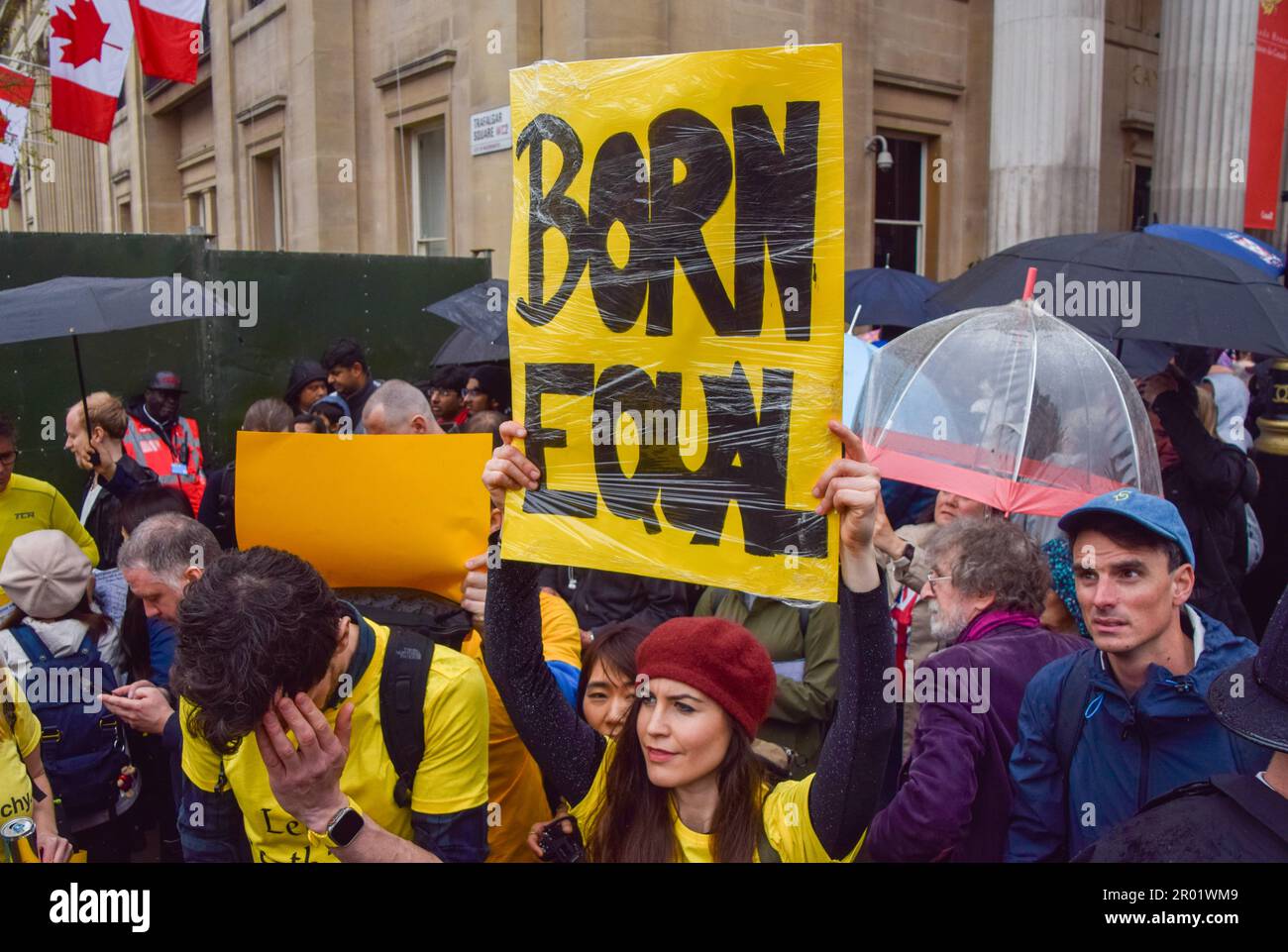 London, UK. 6th May 2023. Anti-monarchists stage a protest in Trafalgar ...