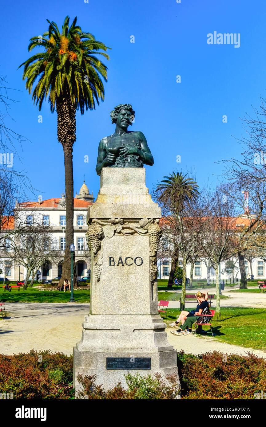 Sculpture of Baco in the Square of the Portuguese Republic. Blue sky ...