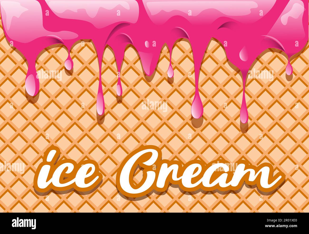 Pink Ice Cream That Melts And Drips Onto The Waffle Cone Vector