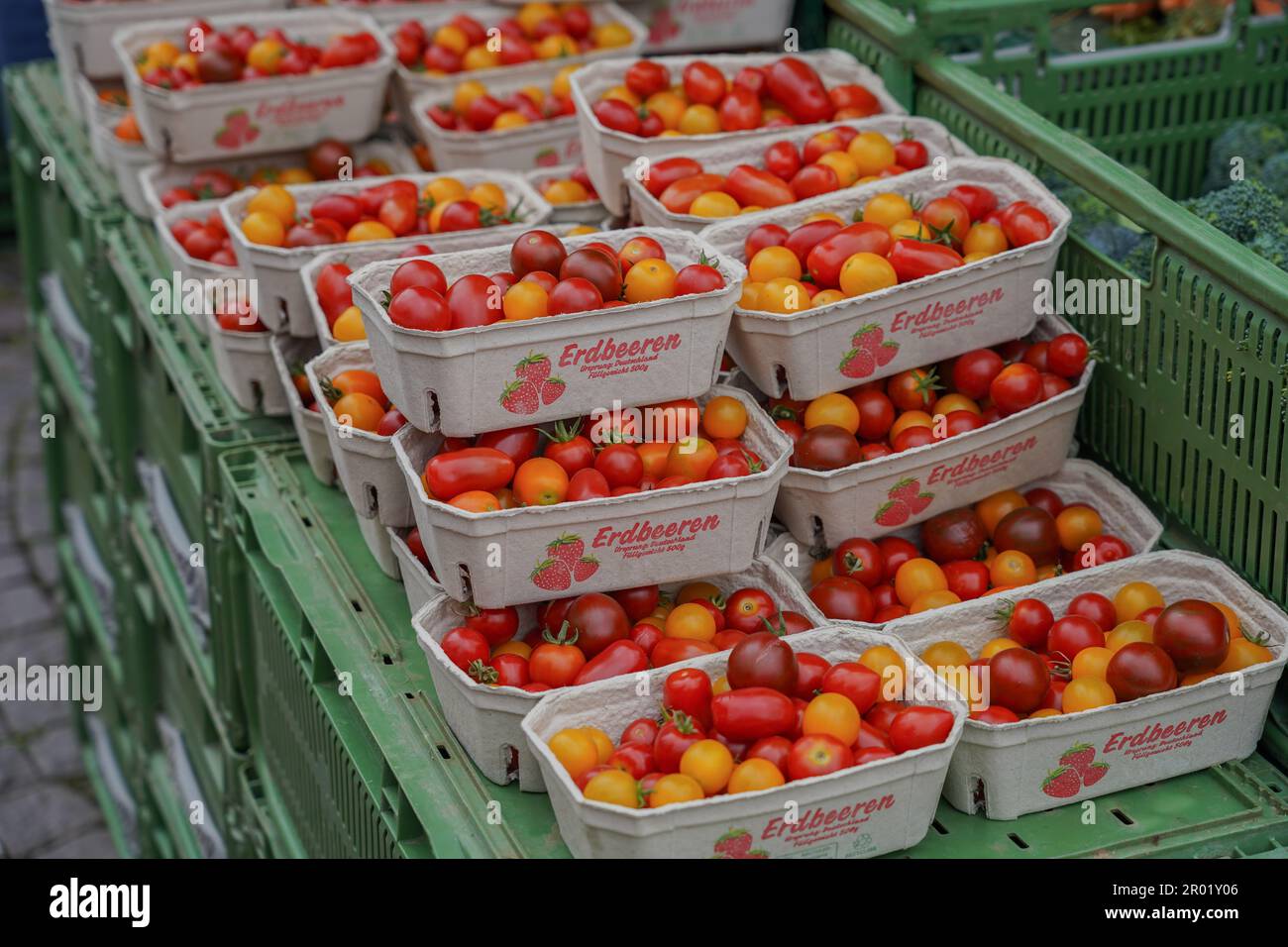 A closeup of organic cherry tomatoes in cartons on plastic boxes at a ...