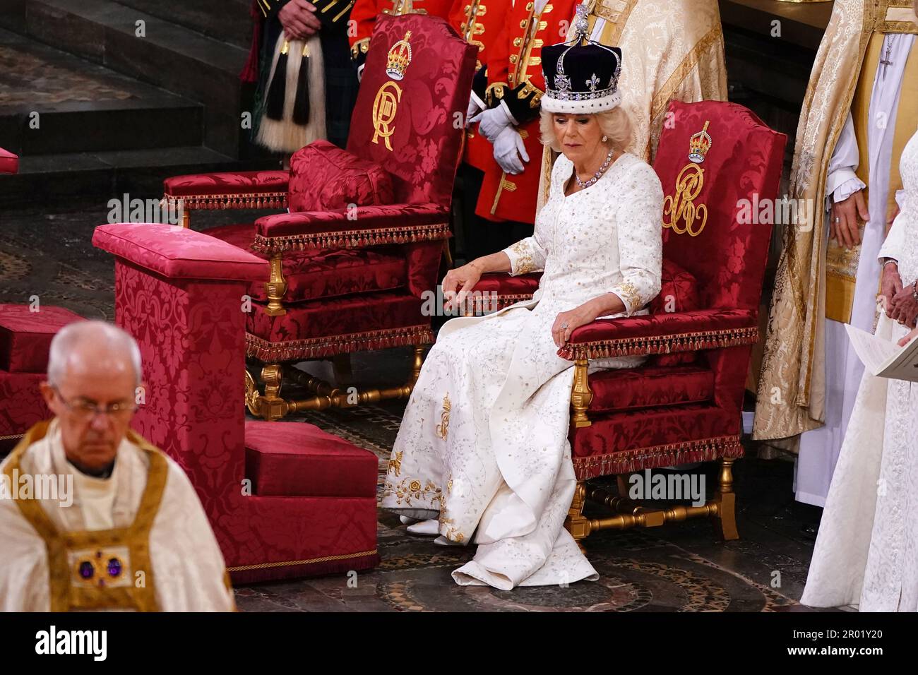 Queen Camilla wearing Queen Mary's Crown during her coronation ceremony ...