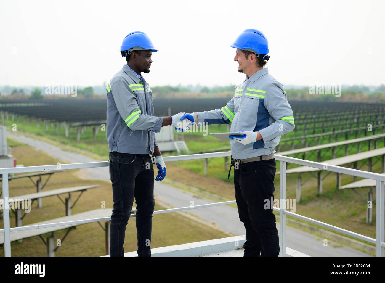 Maintenance engineers working with teamwork at ecological solar farm ...