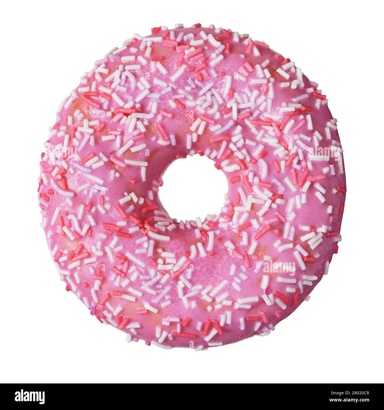 Pink donut with colorful sprinkles isolated on white background. Top ...