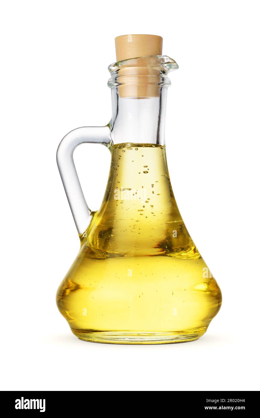Refined sunflower oil in glass jar or container with cork isolated on ...