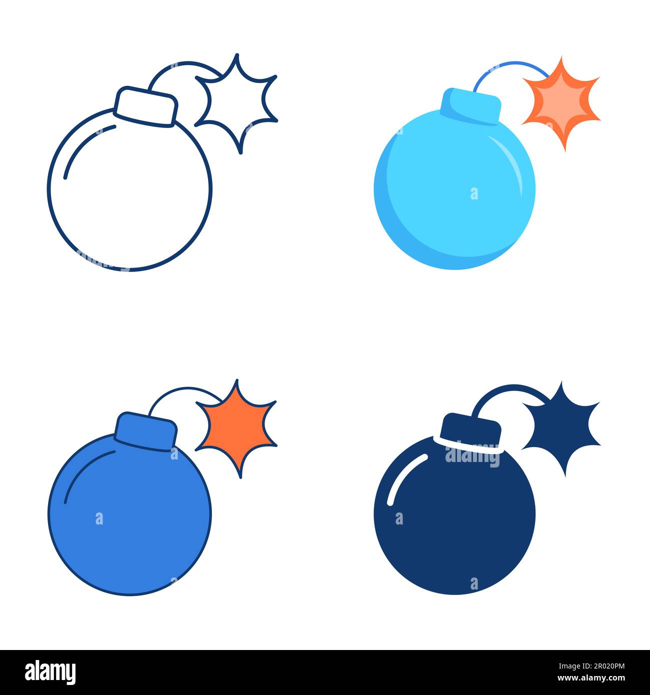 Round bomb with lit fuse icon set in flat and line style. Explosive ...