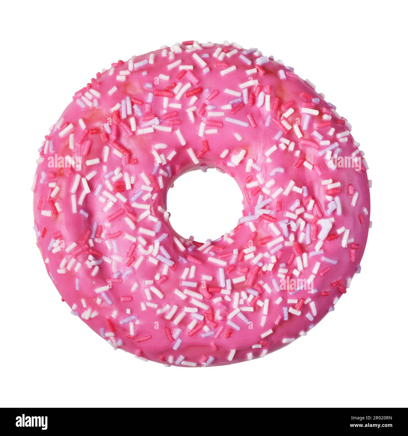 Pink donut with colorful sprinkles isolated on white background. Top ...