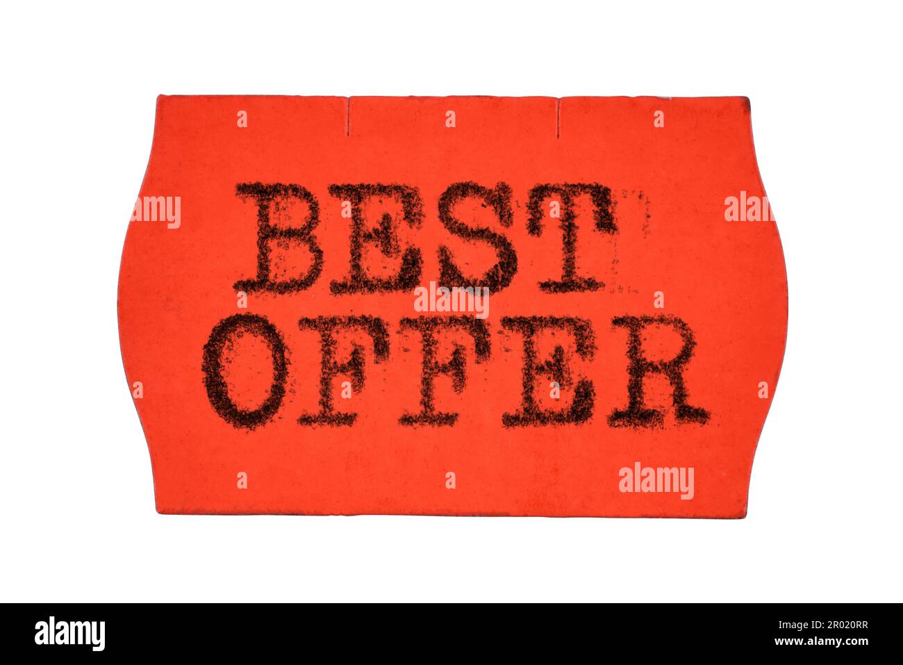 Best Offer printed with typewriter font on red price tag sticker ...