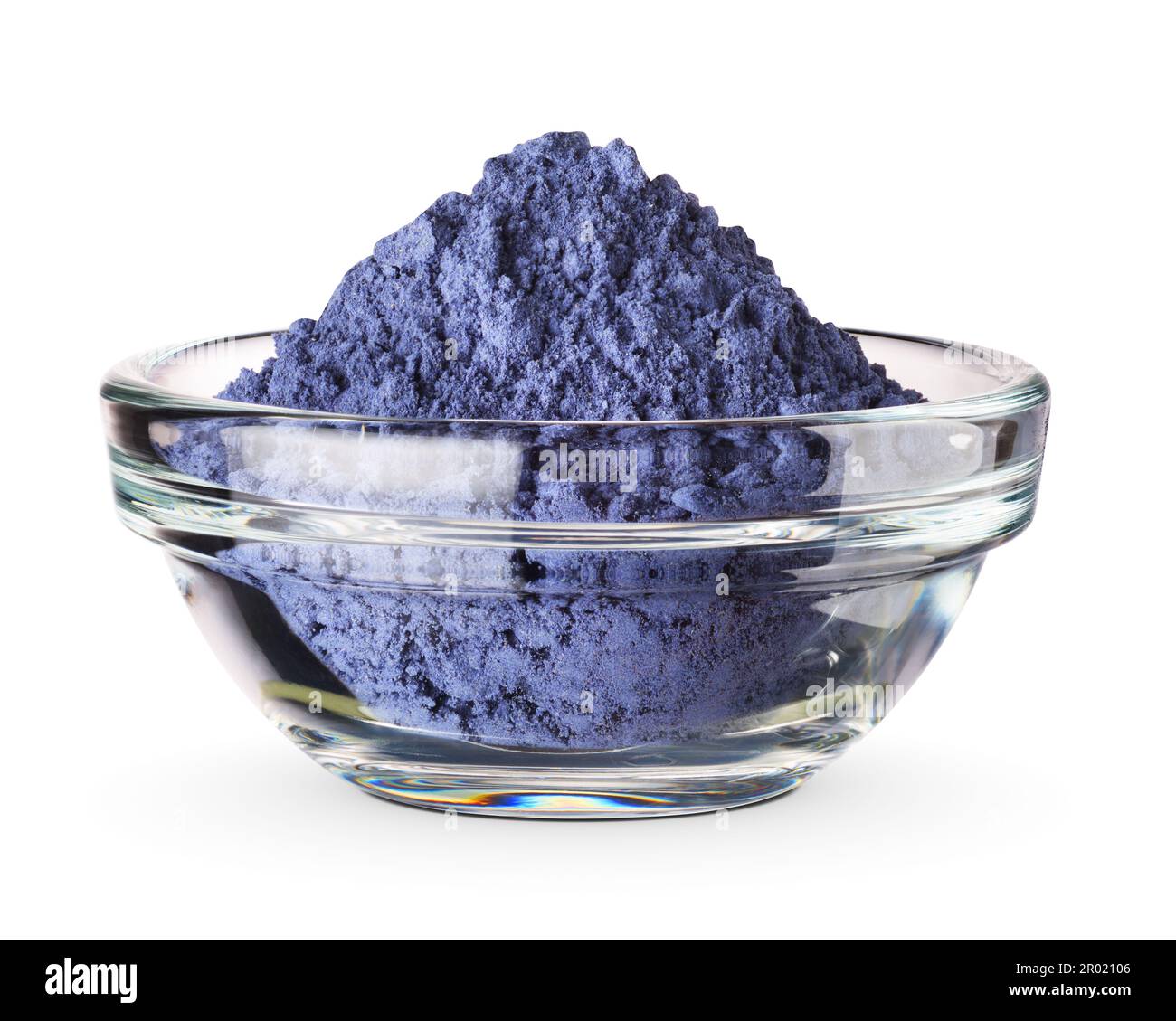 Butterfly pea flower powder or blue matcha in glass bowl isolated on ...
