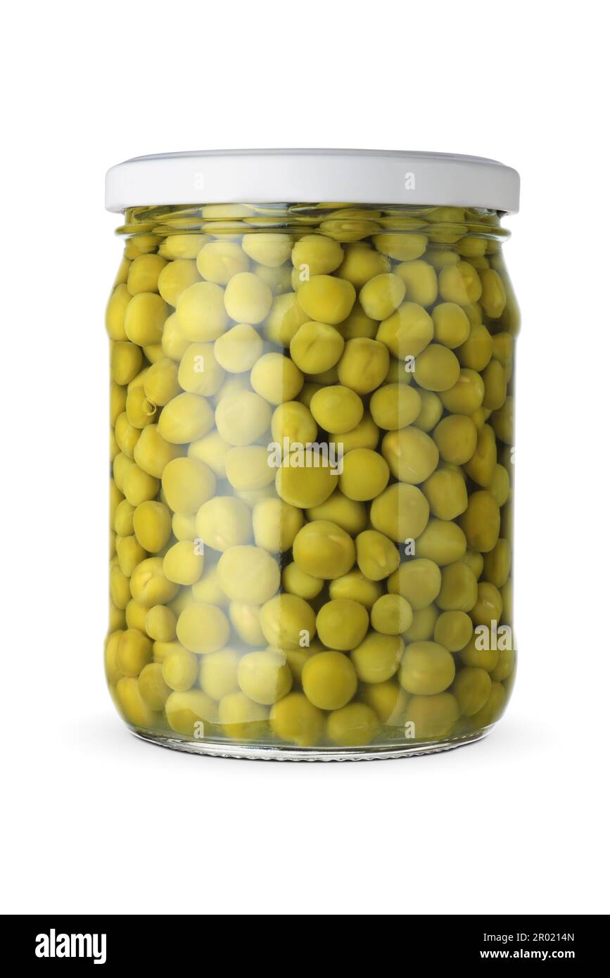 Preserved green peas in the glass jar isolated on white background ...