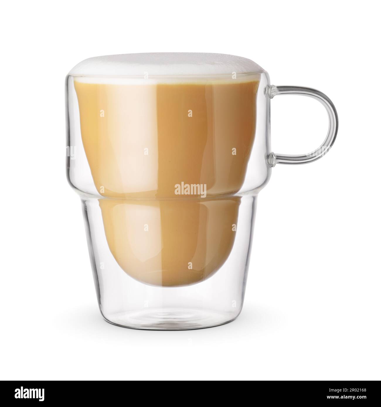 Flat white coffee in a transparent double wall glass cup isolated on ...