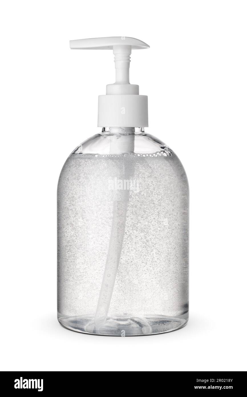 Transparent plastic bottle with liquid hand soap. Dispenser lid ...