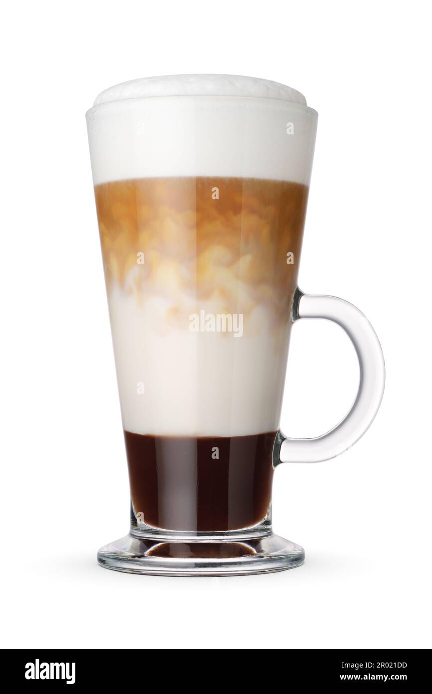 Glass of layered coffee mocha isolated on white background with ...