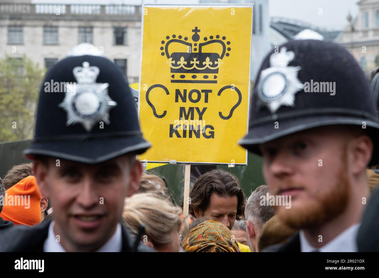 London, UK. 6 May, 2023. Anti-monarchy protesters organised by Republic ...