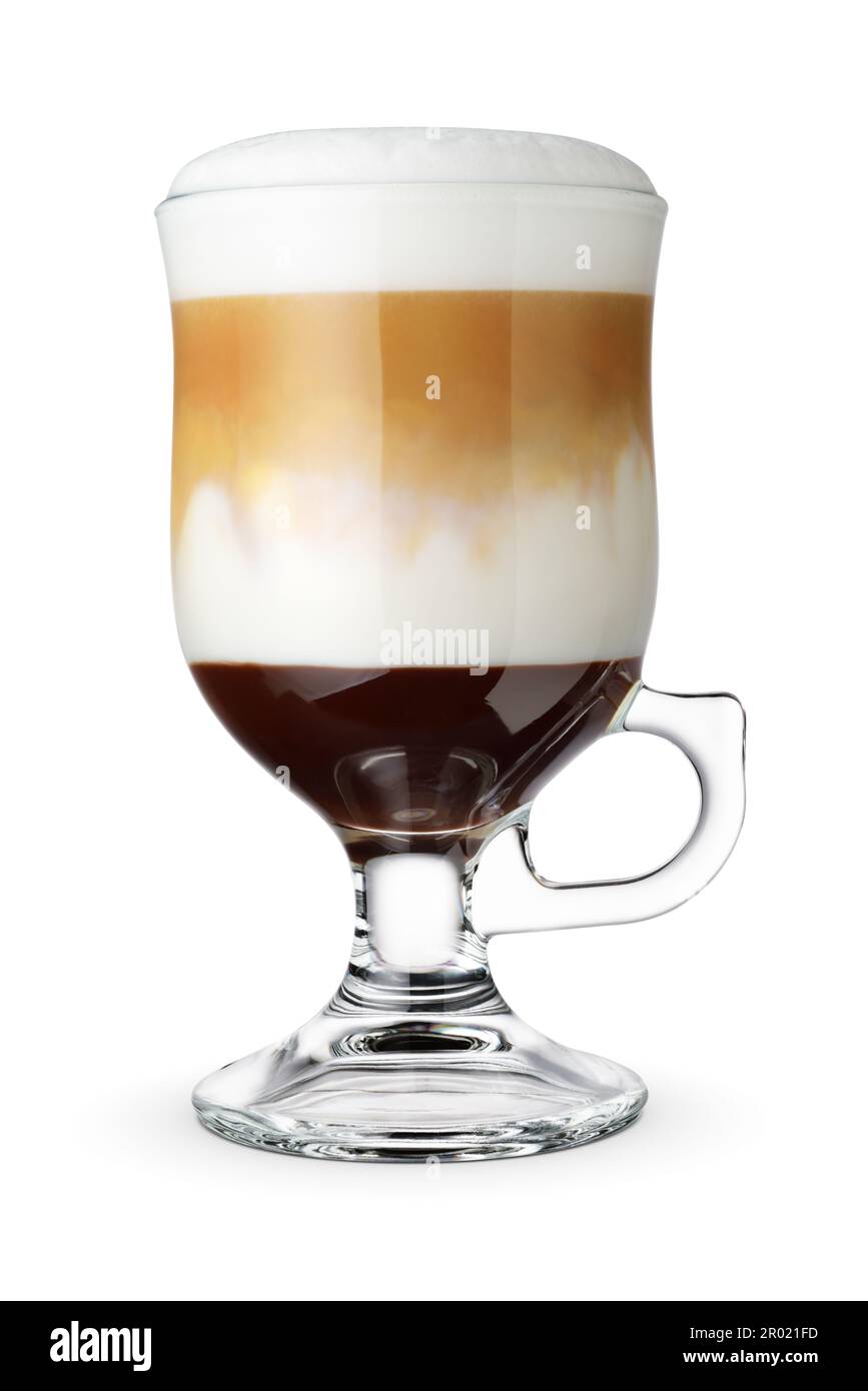 Glass of layered coffee mocaccino isolated on white background with ...