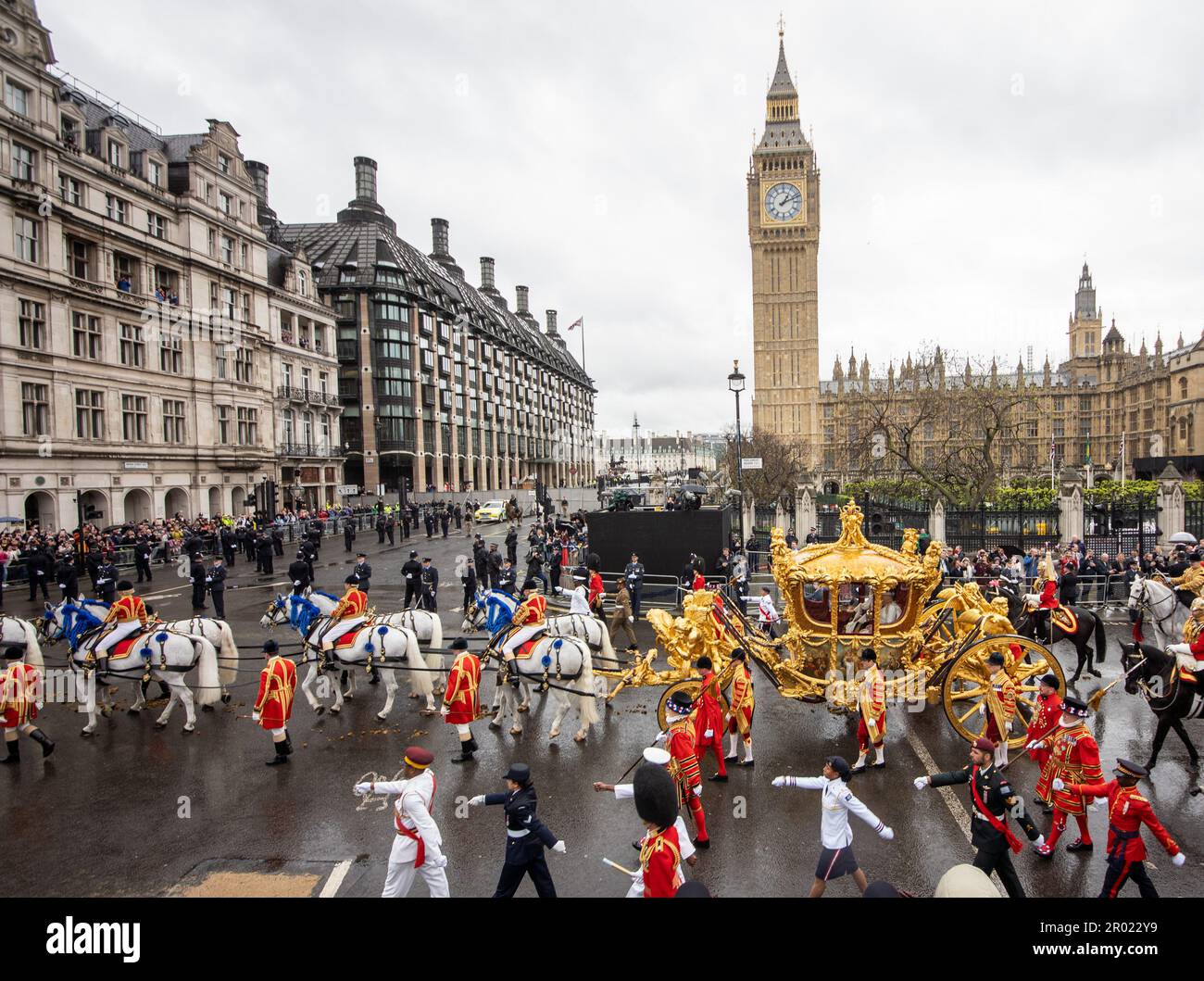 King Charles III and Queen Camilla are carried in the Gold State Coach ...
