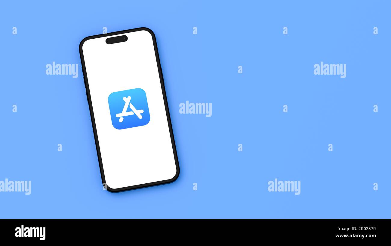 App Store Logo on Mobile Phone Screen on Blue Background with Copy ...