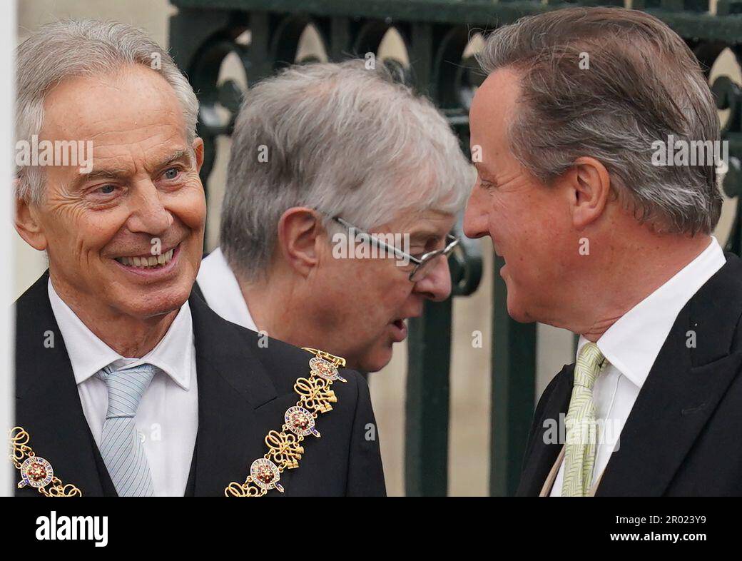 Former prime ministers Tony Blair (left) and David Cameron leaving ...
