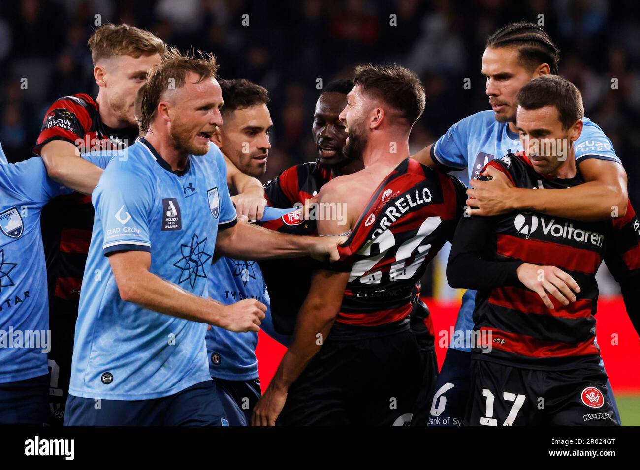 Brandon Borello of the Wanderers has his jersey ripped during a brawl ...