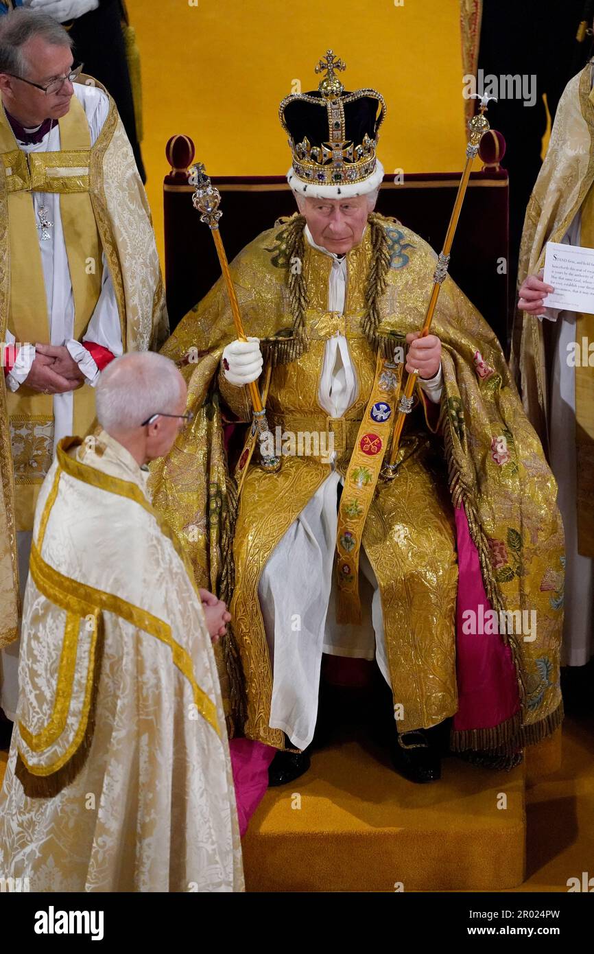 King Charles III receives The St Edward's Crown during his coronation ...