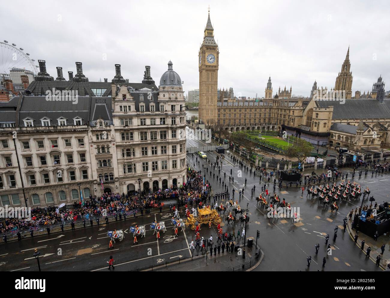 Britain's King Charles III and Queen Camilla travel in the Gold State ...