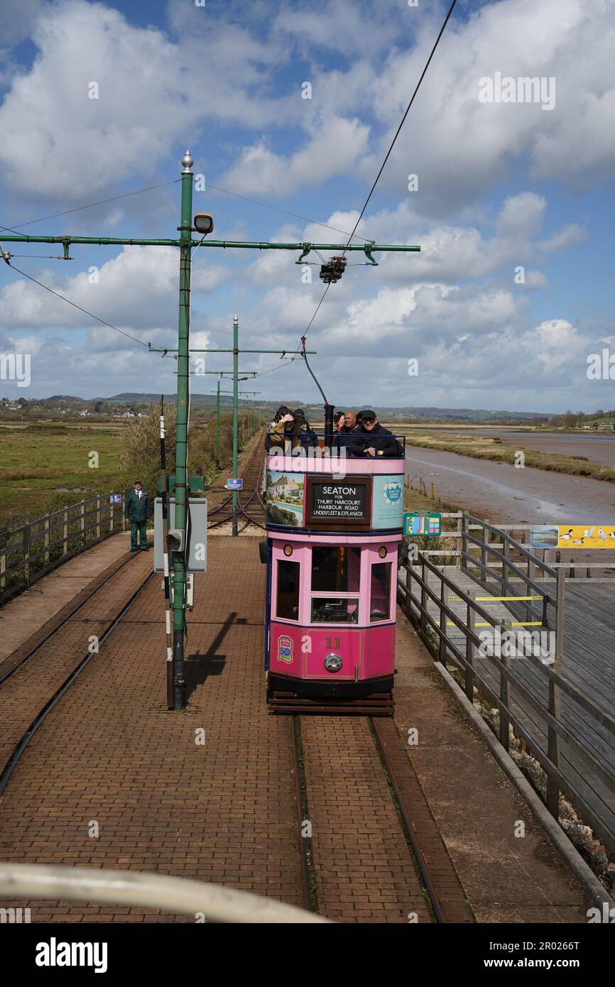 Seaton, UK - April 2022: The Seaton Tramway is a vintage narrow gauge ...