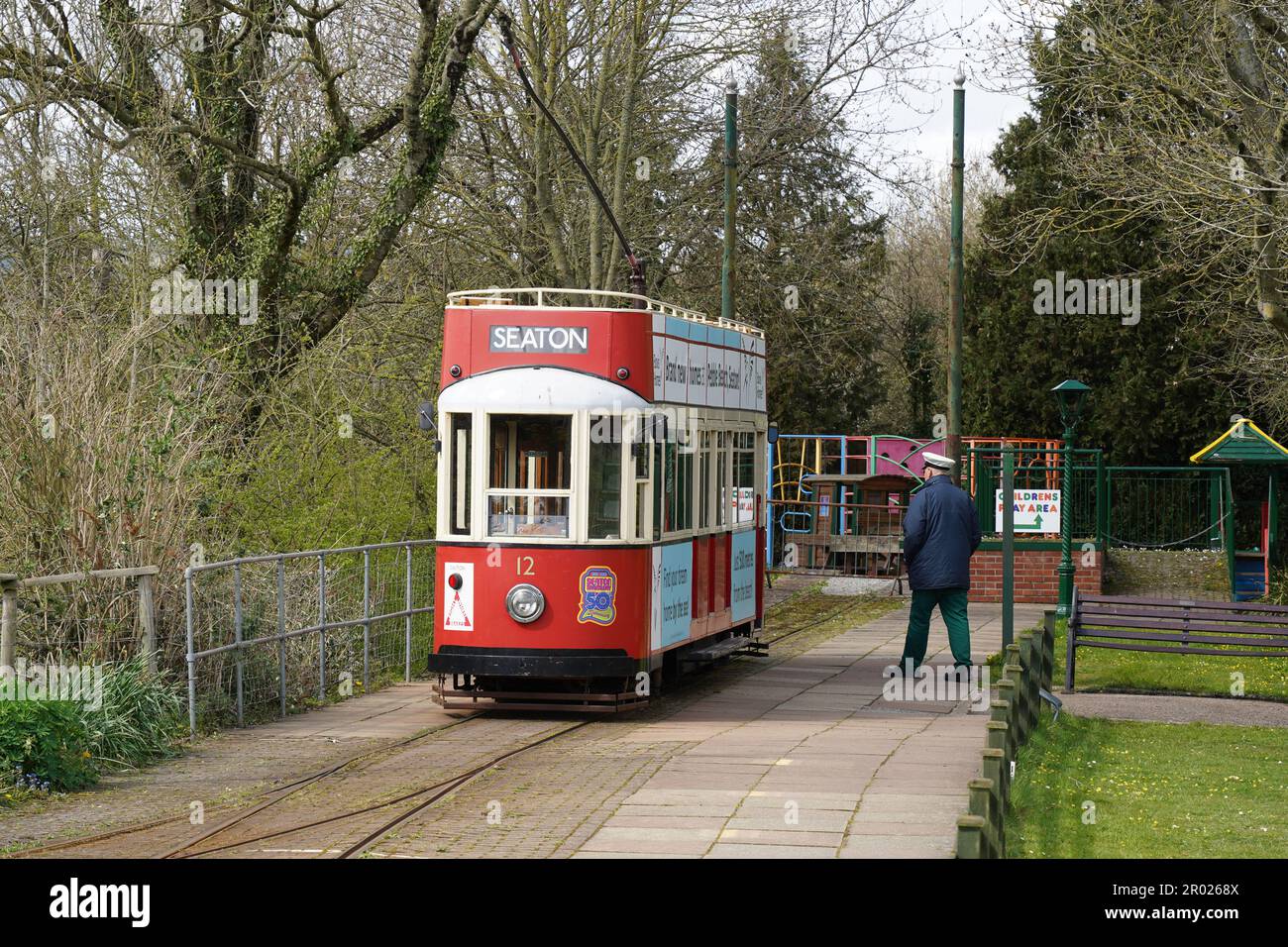 Seaton, UK - April 2022: The Seaton Tramway is a vintage narrow gauge ...