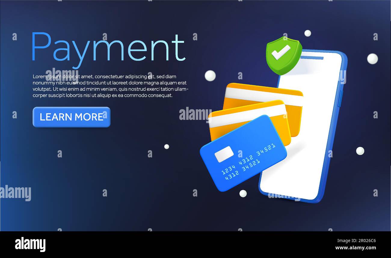 3d smartphone with green check mark, credit banking cards isolated on ...