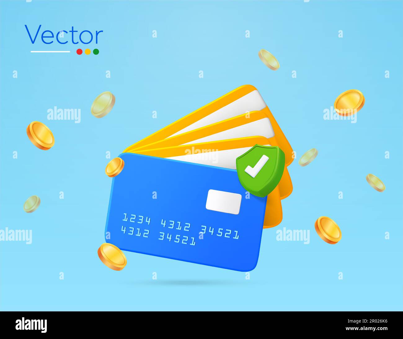 3d banking credit cards with green checkmark, flying coins around ...