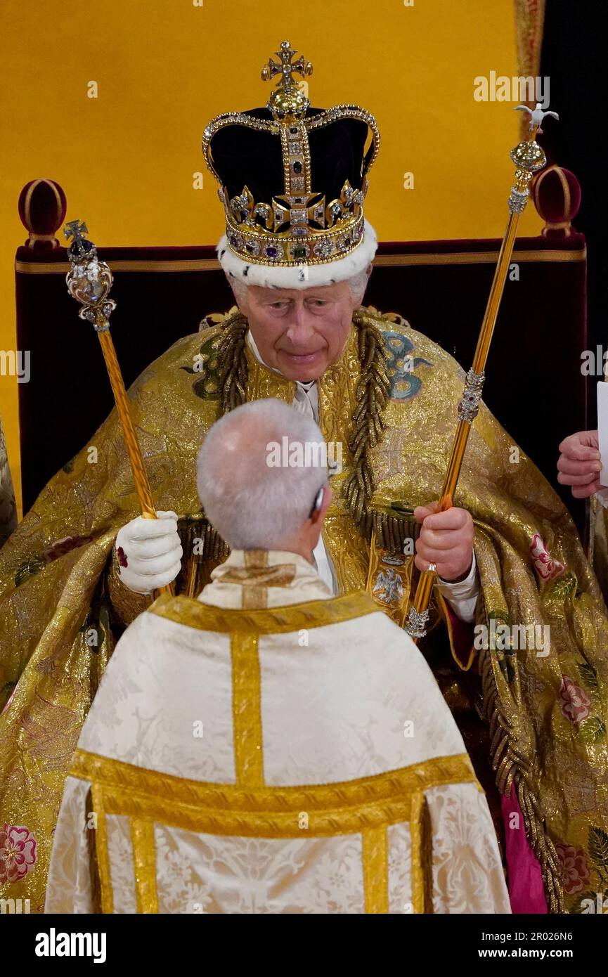 King Charles III receives The St Edward's Crown during his coronation ...