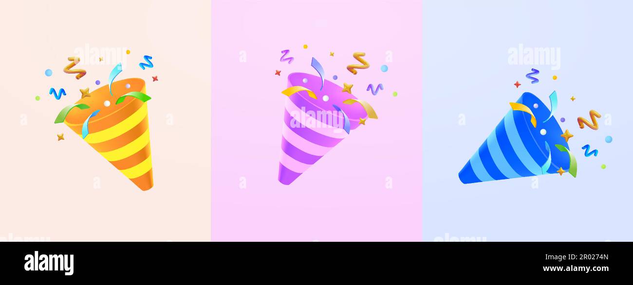 3D Party Popper with Confetti Isolated on Background. Colorful ...