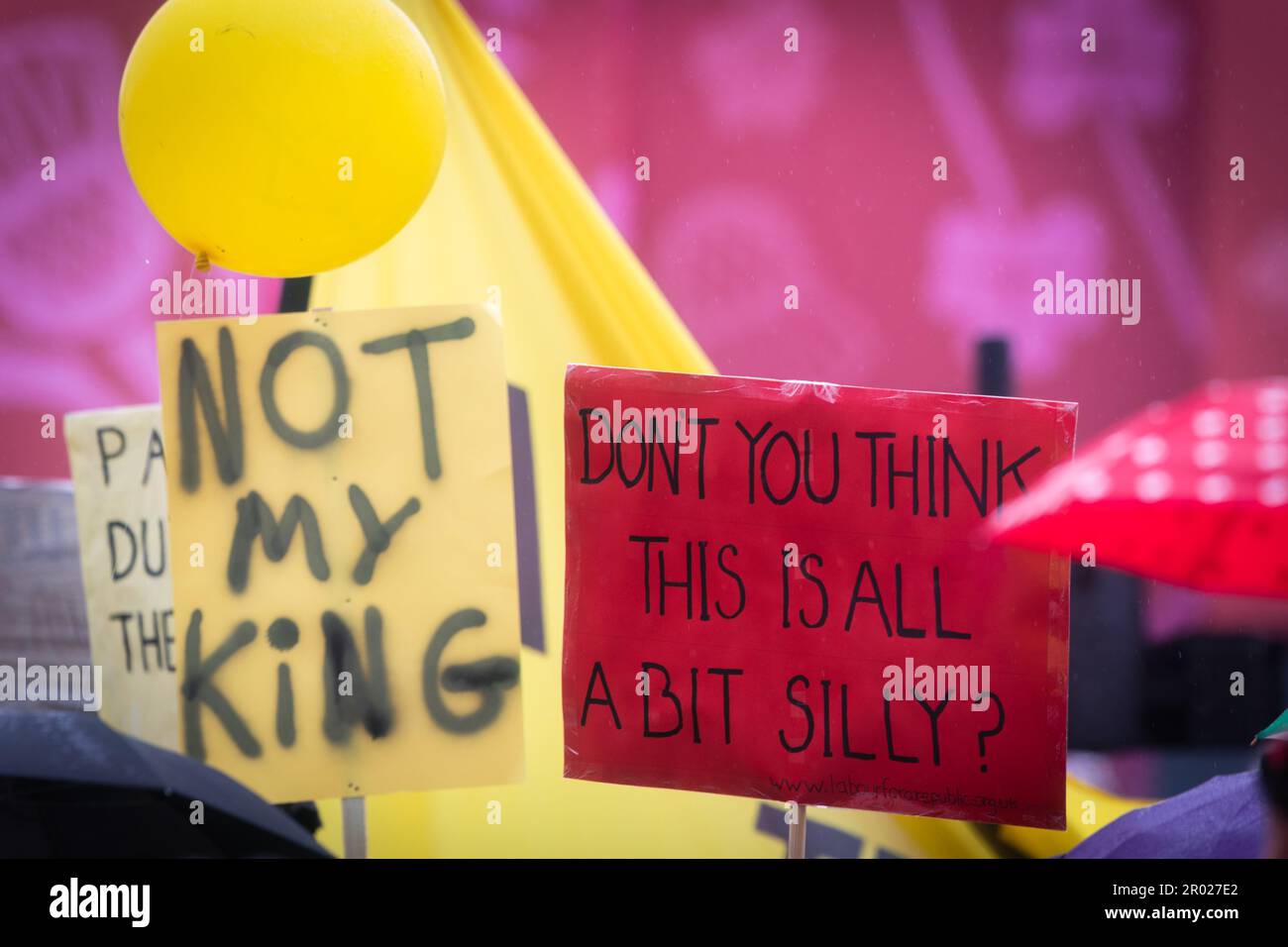 London, UK. 06th May, 2023. A placard with a slogan 'Not My King' is ...