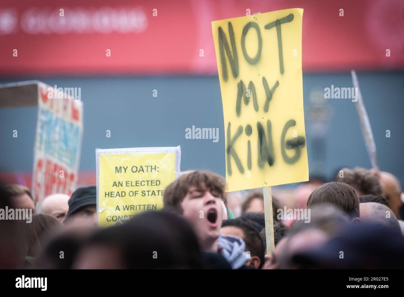 London, UK. 06th May, 2023. A placard with a slogan 'Not My King' is ...