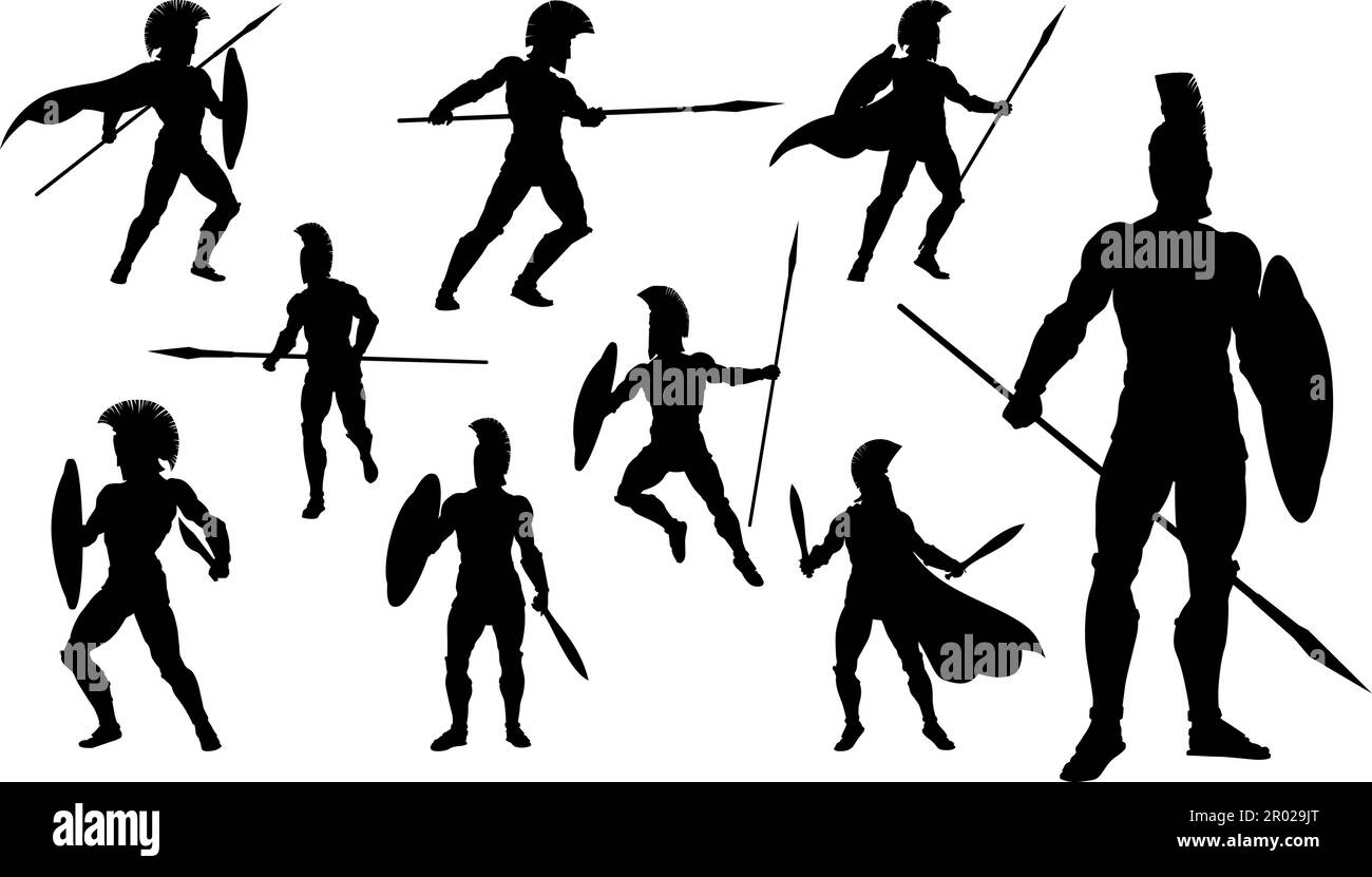 Spartan Silhouette Gladiator Trojan Warrior Set Stock Vector Image ...