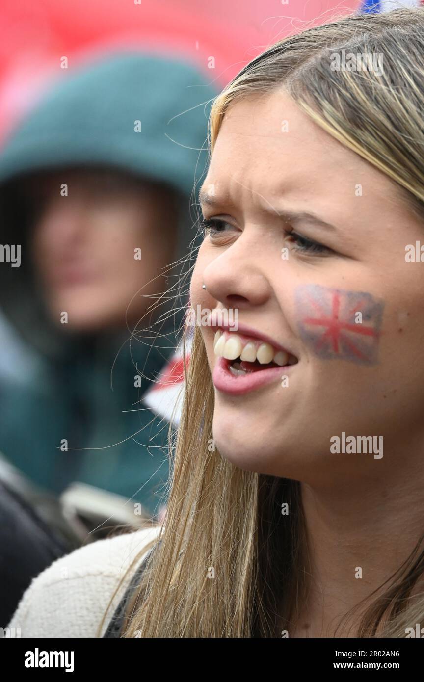 Trafalgar square, May 6, 2023, London, UK. Thousands of Royal fans ...