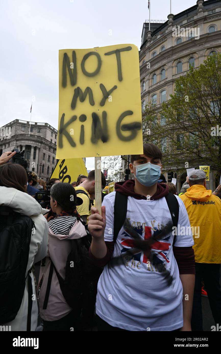 Trafalgar square, May 6, 2023, London, UK. Anti-monarchists yell 'Not ...