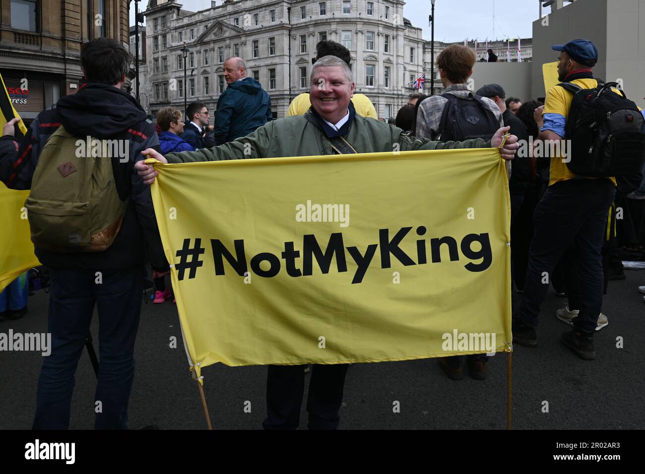 Trafalgar square, May 6, 2023, London, UK. Anti-monarchists yell 'Not ...