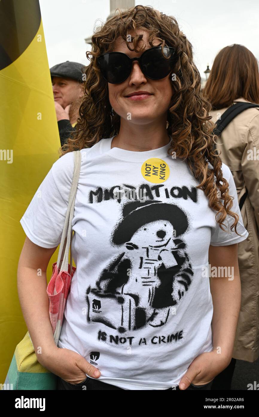 Trafalgar square, May 6, 2023, London, UK. Anti-monarchists yell 'Not ...