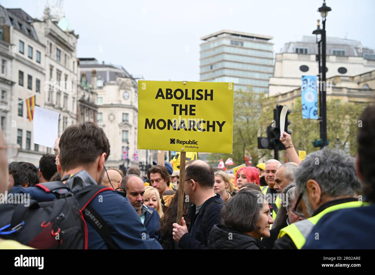 Trafalgar square, May 6, 2023, London, UK. Anti-monarchists yell 'Not ...