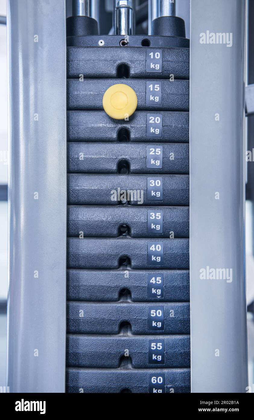 gym weight machine. Amount of weight on lifting machine Stock Photo - Alamy