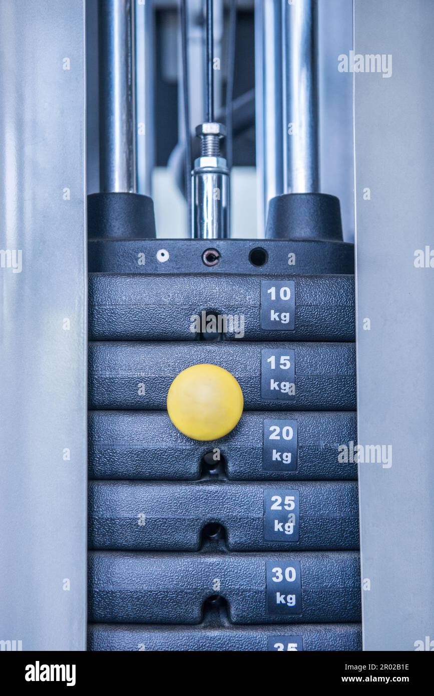 gym weight machine. Amount of weight on lifting machine Stock Photo - Alamy